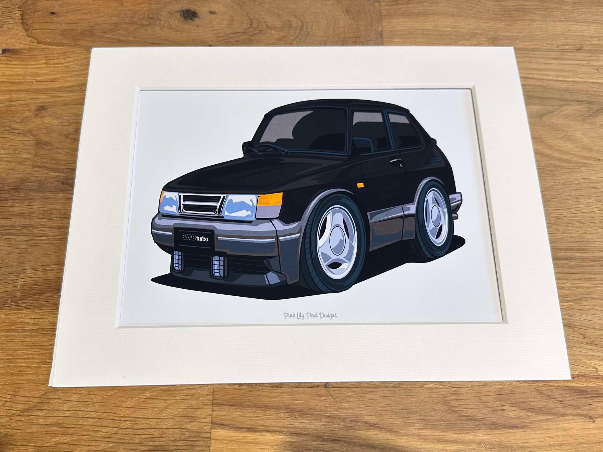 Saab 900 Turbo Cartoon Mounted Print - Pink Lily Pad Artwork - Ready to ...