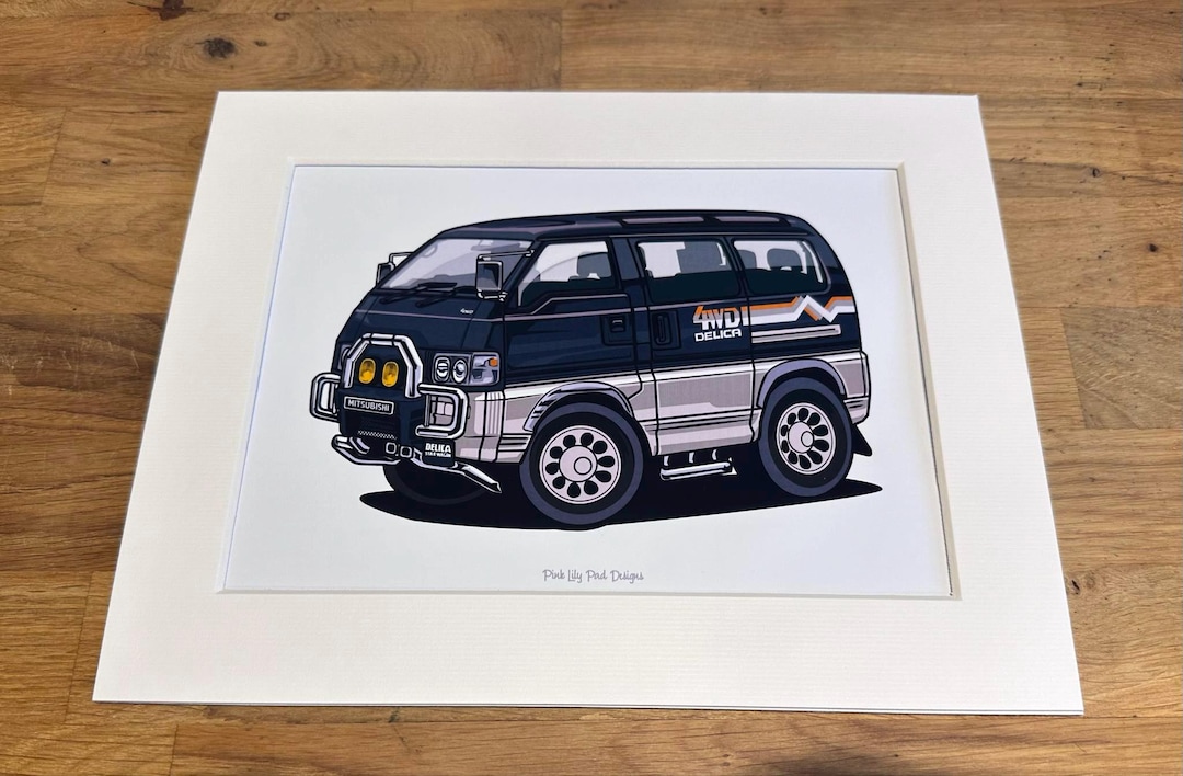 Mitsubishi Delica Cartoon Mounted Print - Pink Lily Pad Artwork - Ready ...