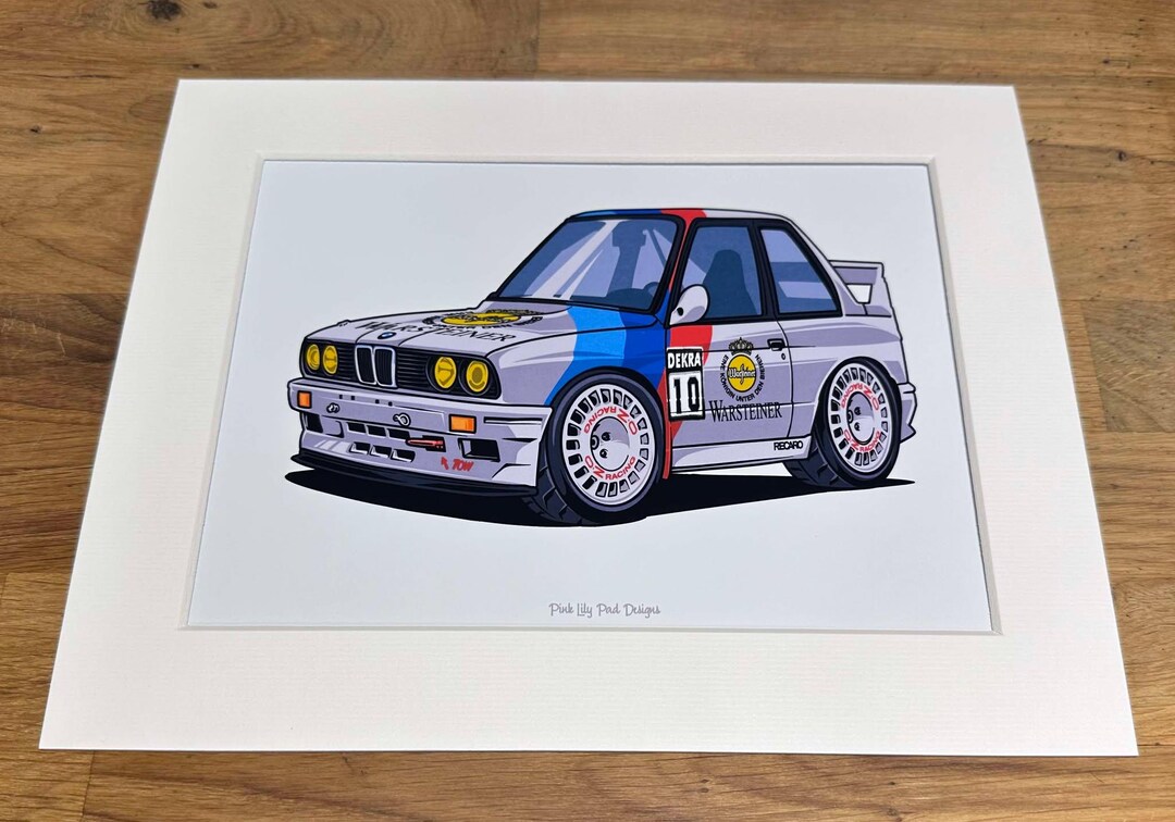 BMW E30 M3 Rally Car Cartoon Mounted Print - Pink Lily Pad Artwork ...