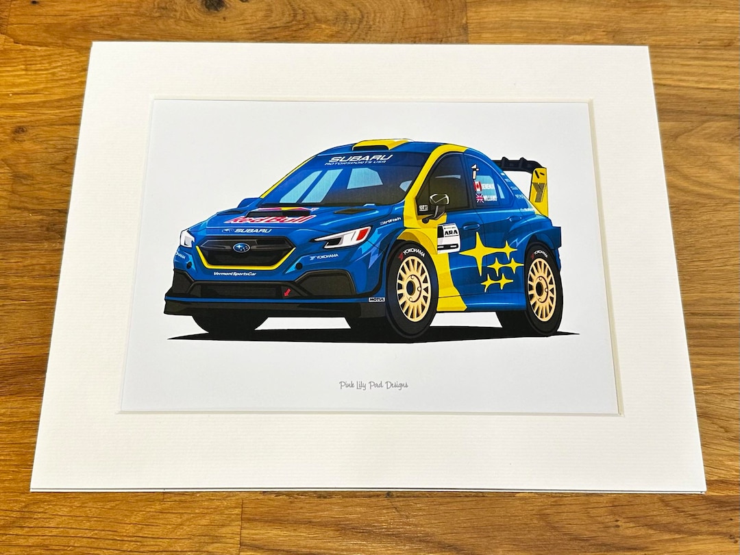 Subaru Impreza Rally Car Cartoon Mounted Print Pink Lily Pad Artwork ...