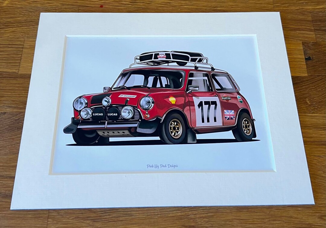 Classic Mini Cooper Cartoon Mounted Print - Pink Lily Pad Artwork ...
