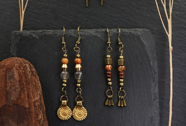 Wooden Earrings, Moonstone Jasper Gemstone, Wooden Beads, Natural ...