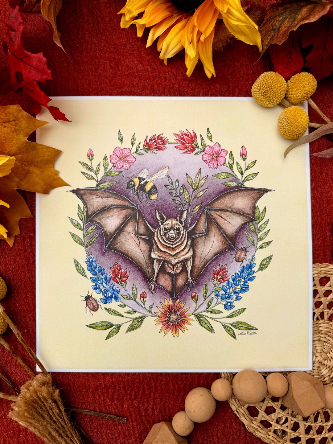 The Bluebonnet Bat: Watercolor Texas Botanical Bat Art - Etsy