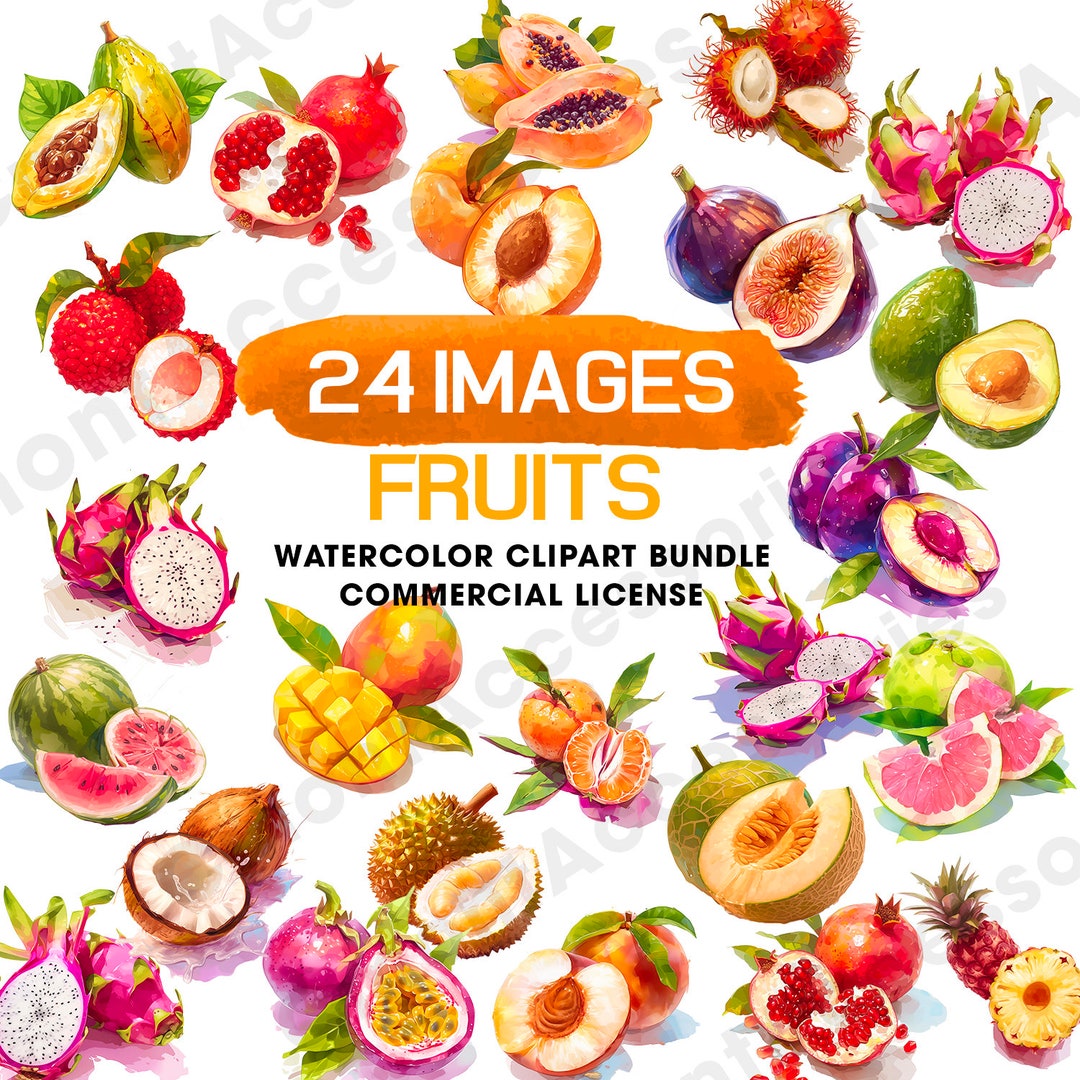 Commercial Use, Bundle PNG Watercolor Fruit Clipart, Tasty Fruit ...