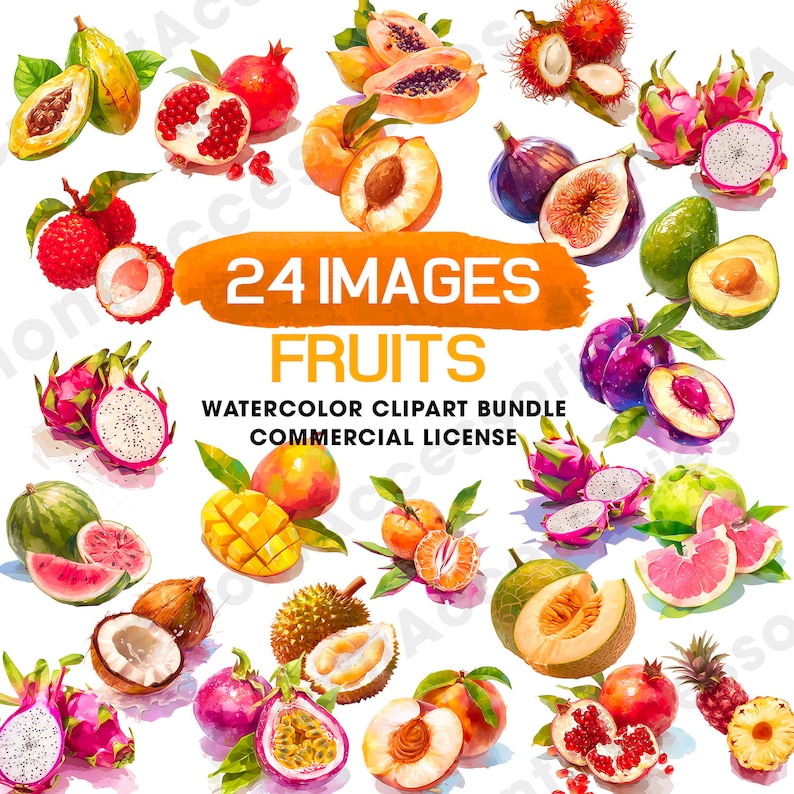Commercial Use, Bundle PNG Watercolor Fruit Clipart, Tasty Fruit ...