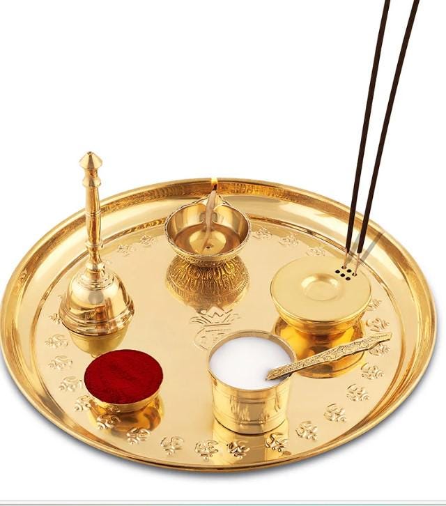 Brass Puja Thali Set 8inch/21cm With Pital Plate Dhup Dan Kalash Spoon ...