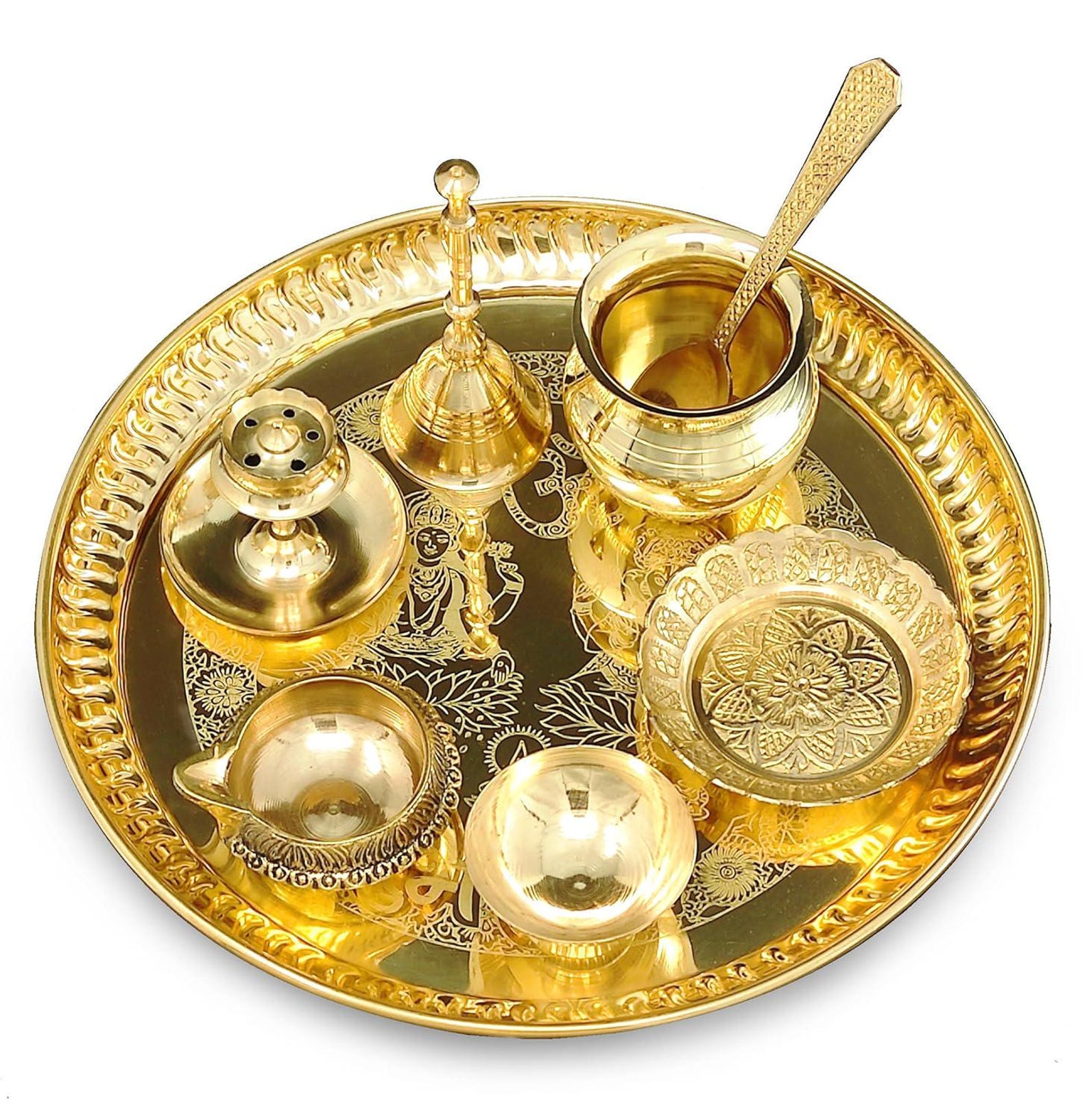Brass Puja Thali Set 8inch/21cm With Pital Plate Dhup Dan Kalash Spoon ...