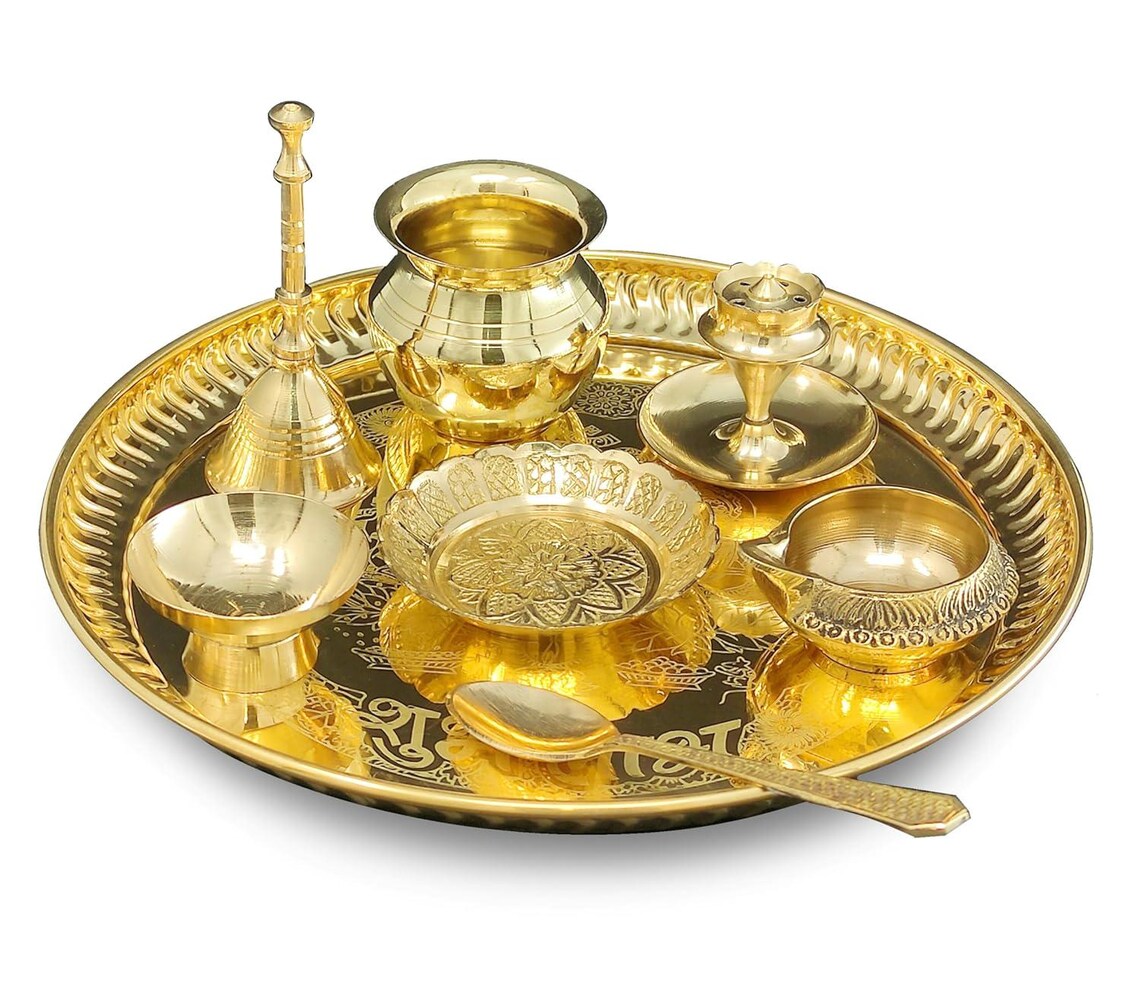 Brass Puja Thali Set 8inch/21cm With Pital Plate Dhup Dan Kalash Spoon ...