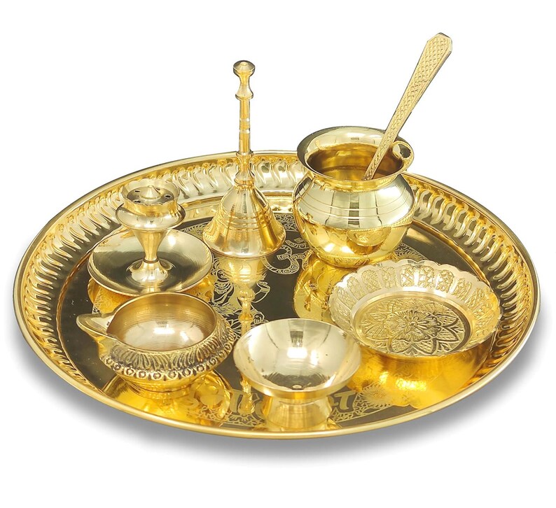 Brass Puja Thali Set 8inch/21cm With Pital Plate Dhup Dan Kalash Spoon ...