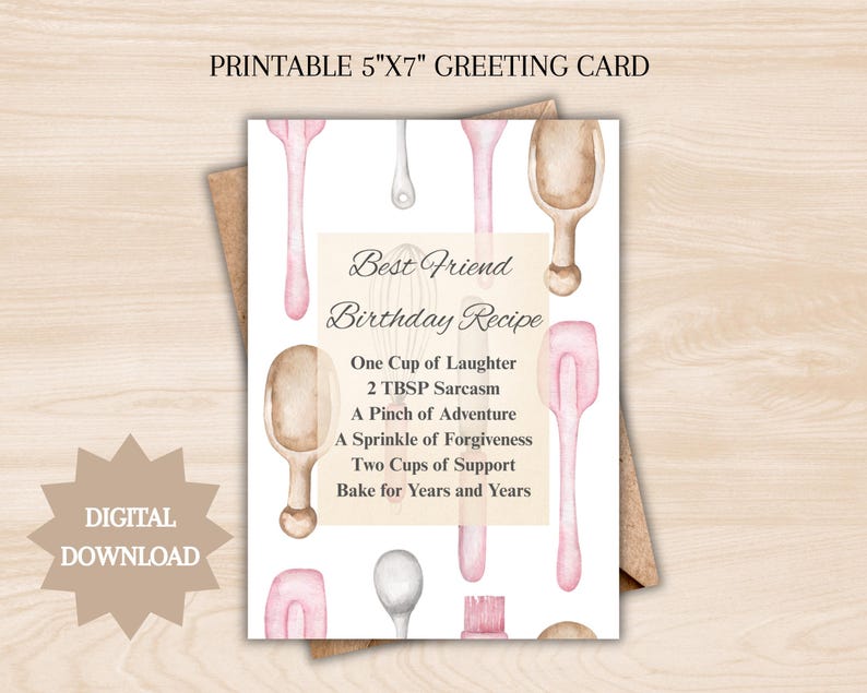 Recipe Baking Birthday Card, Printable 5x7, Card for Best Friend Baker ...