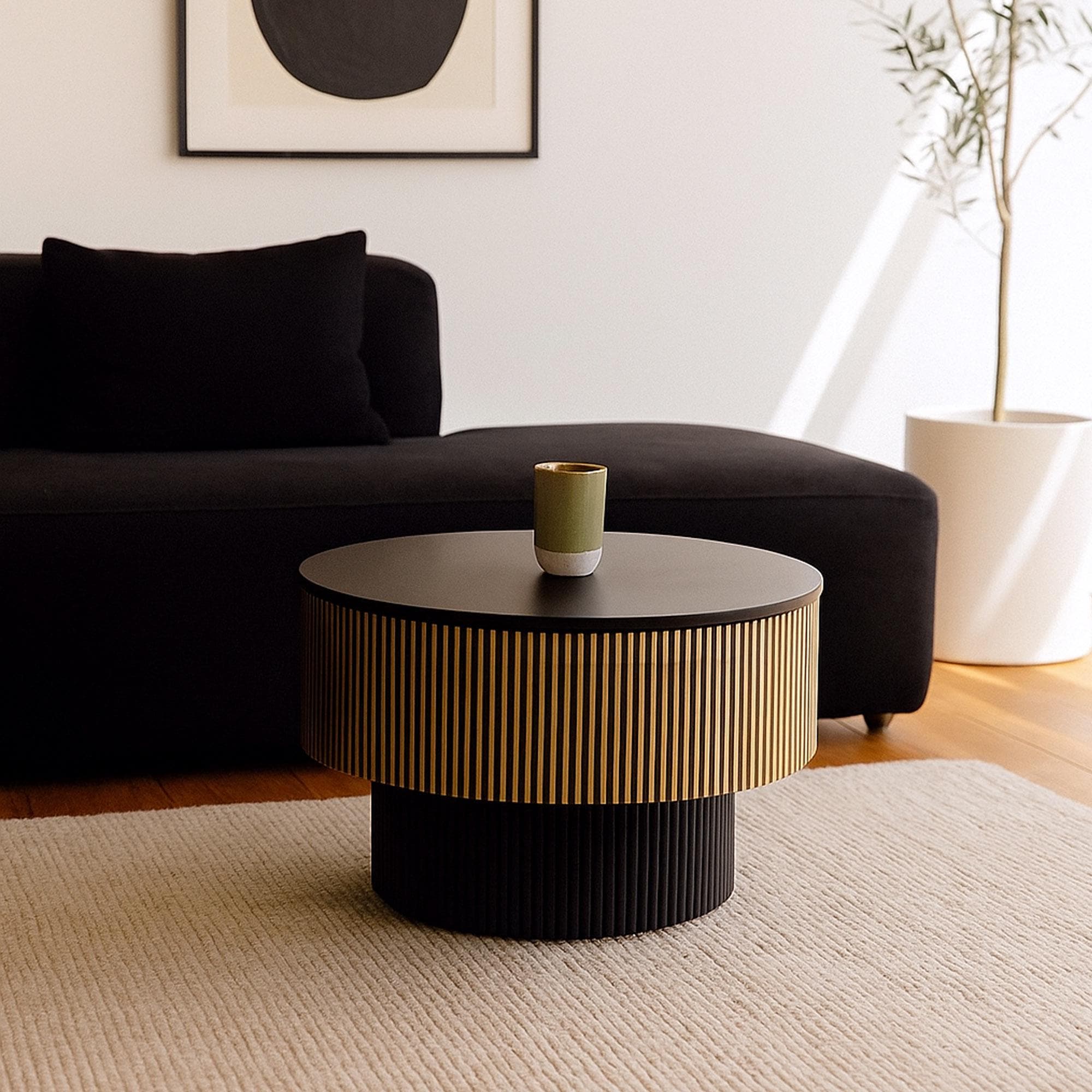 Black & Gold Round Coffee Table: Fluted Metal Base, Mango Wood - Etsy