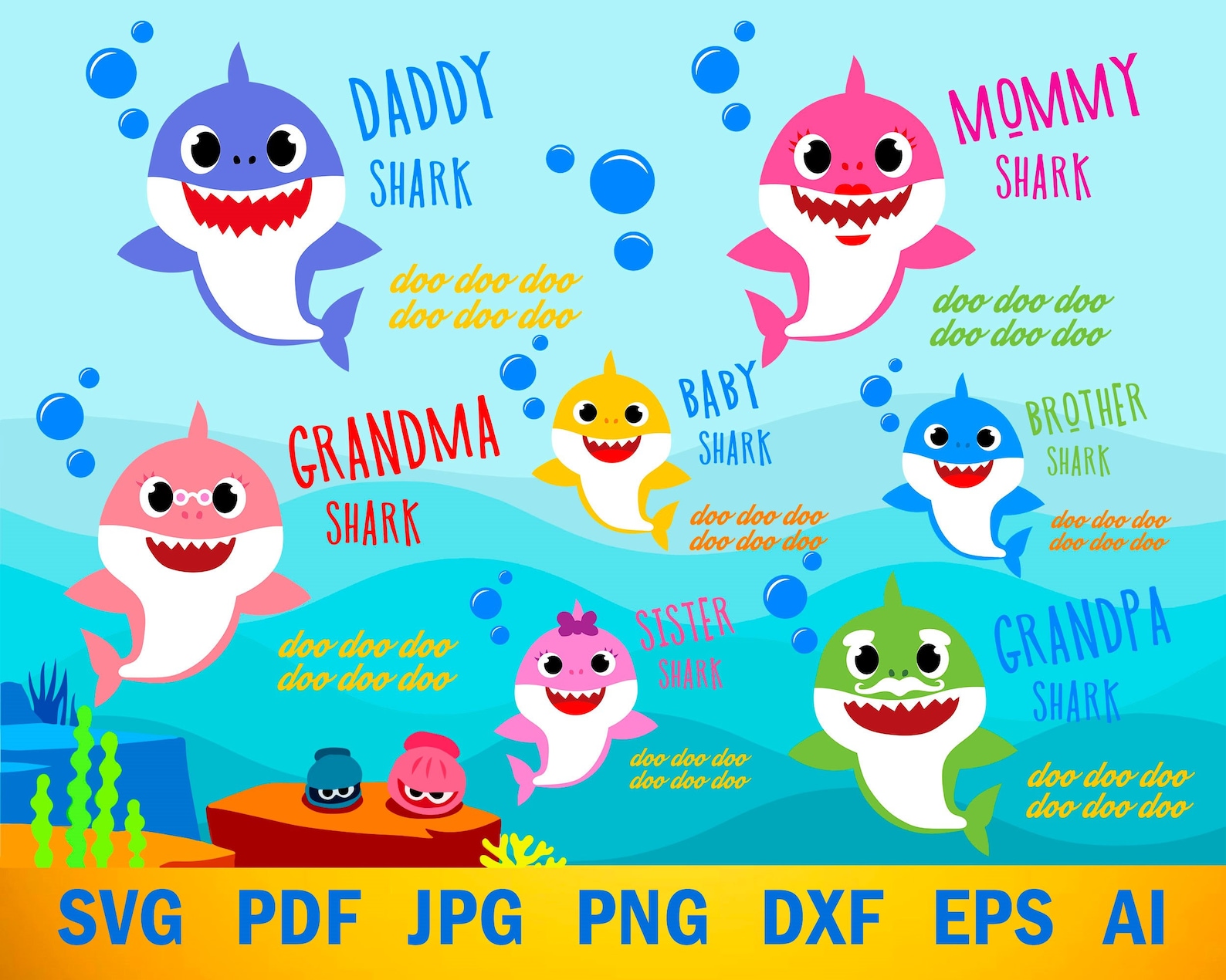 Baby Shark Family Svg Clipart Mommy Shark Daddy Shark Baby | Etsy