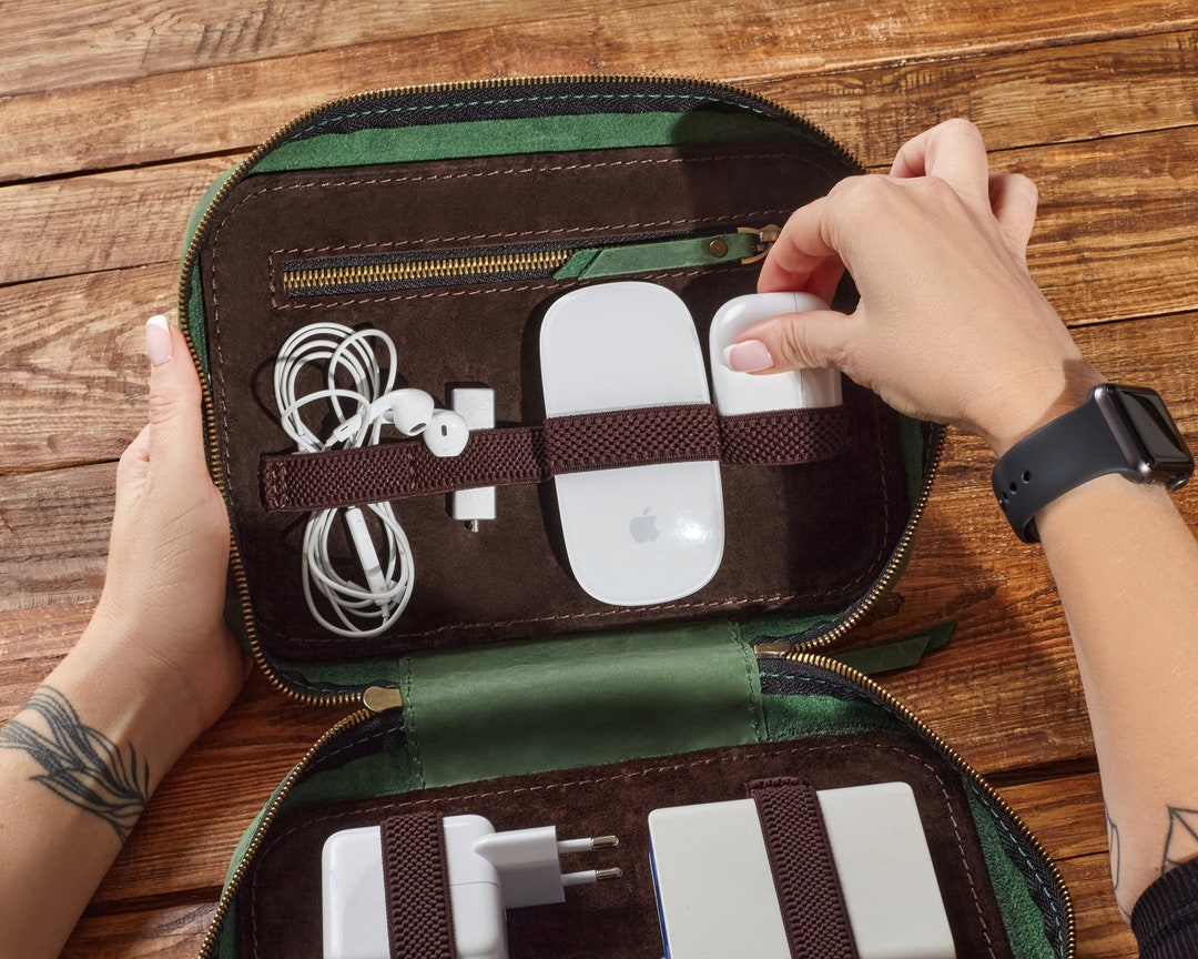 Leather Tech Organizer Bag for Travel, iPad Charging Cable Organizer ...