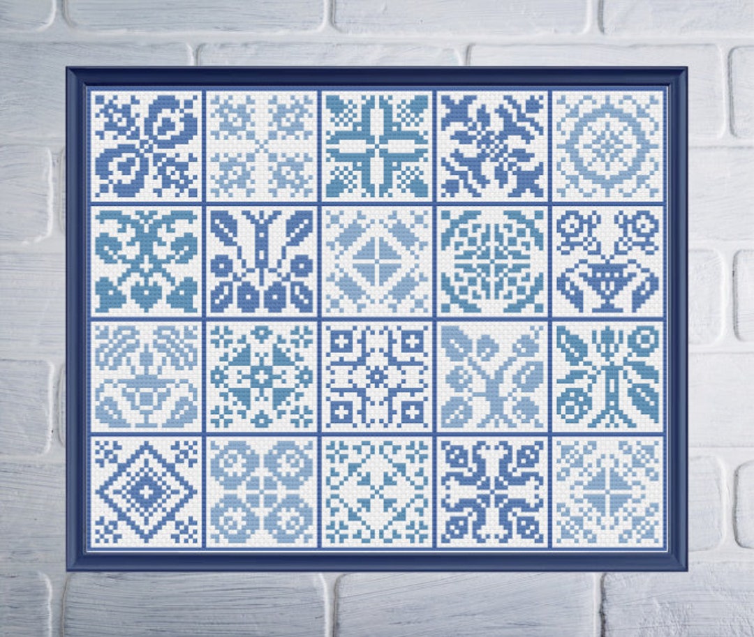 Cross Stitch Delft Tiles Pattern PDF - Part 1, Monochrome Blue Dutch ...