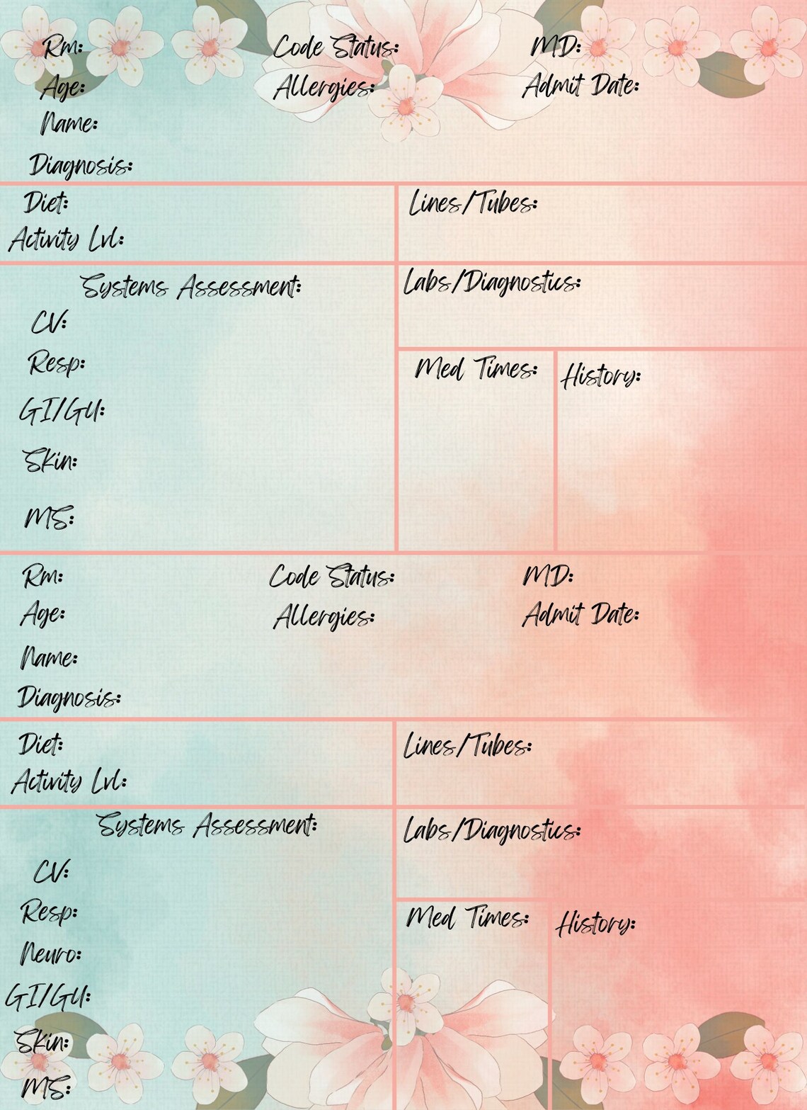 Nursing Report Sheet Etsy