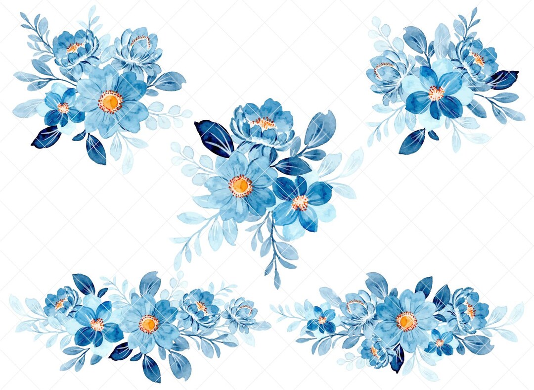 Watercolor Floral Clipart, Blue Floral Clipart, Set of Watercolor Blue ...