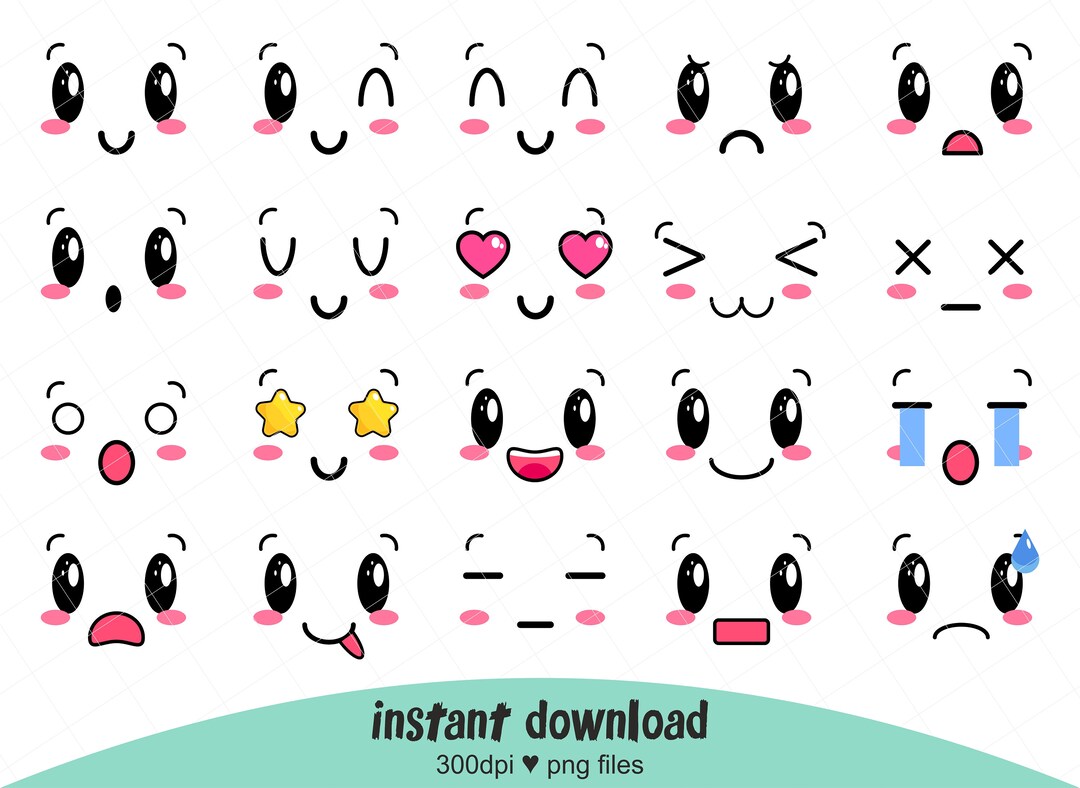 Cute Faces Clipart, Kawaii Cute Face Clipart, Png Cartoon Faces Digital ...