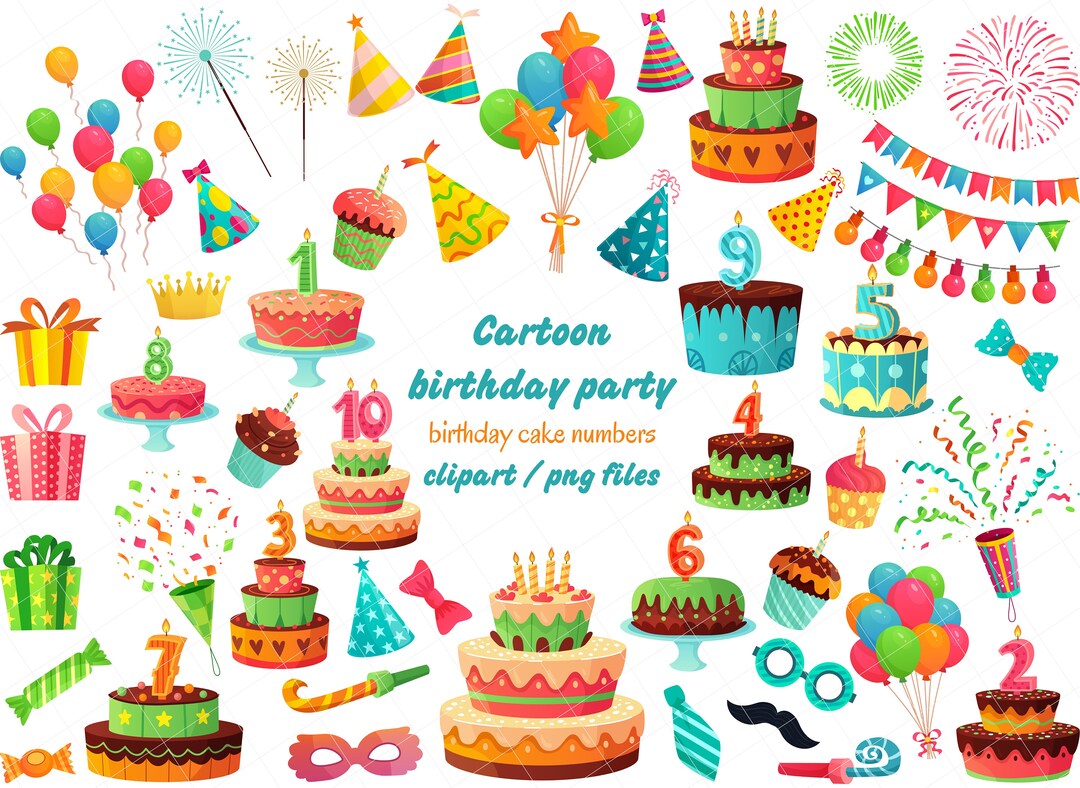 Cartoon Birthday Party Clipart, Birthday Cake Numbers Clipart, Instant ...