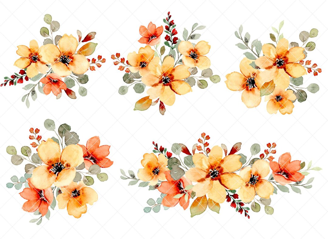 Watercolor Floral Clipart, Yellow and Orange Floral Clipart, Set of ...