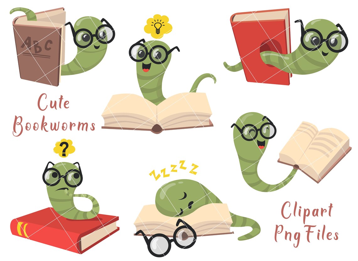 Cute Bookworms Clipart Cartoon Library Worms Clipart | Etsy