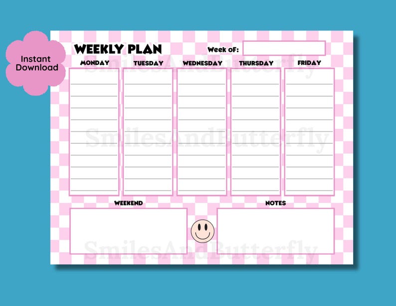 Weekly Plan Printable, Smiley Face Checkered Planner Download, Weekly ...