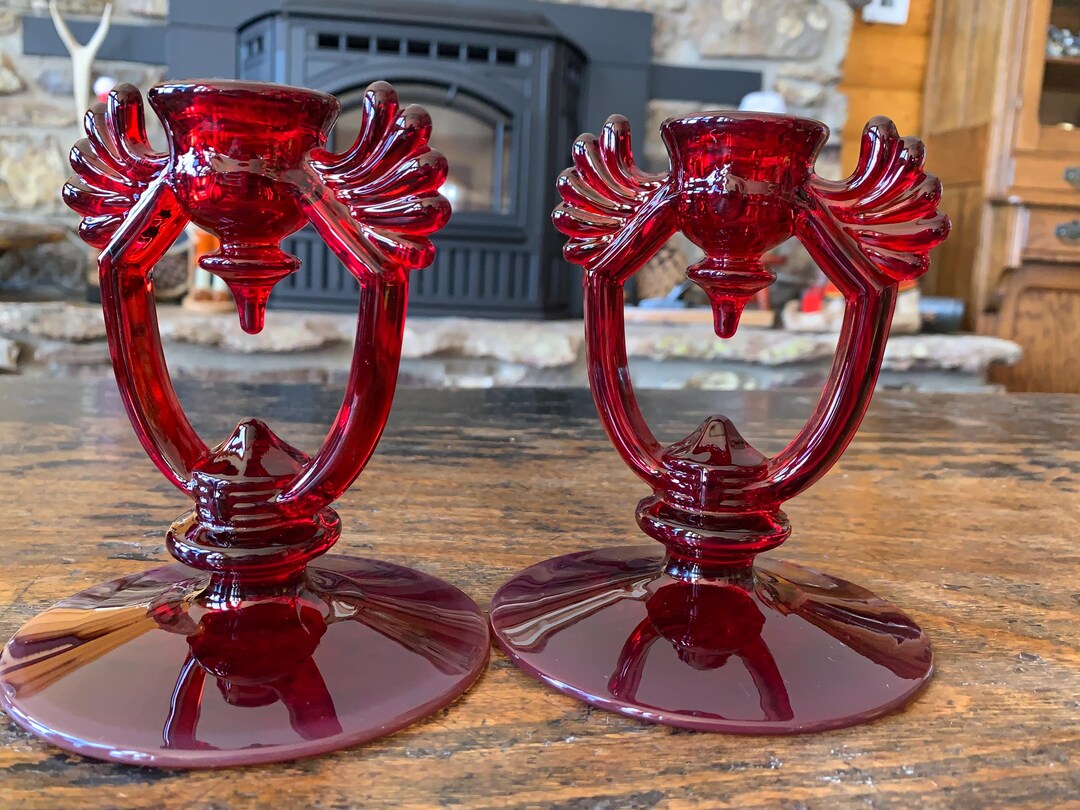 Rare New Martinsville Ruby Red "moondrops" Winged Candlesticks – 1930s ...
