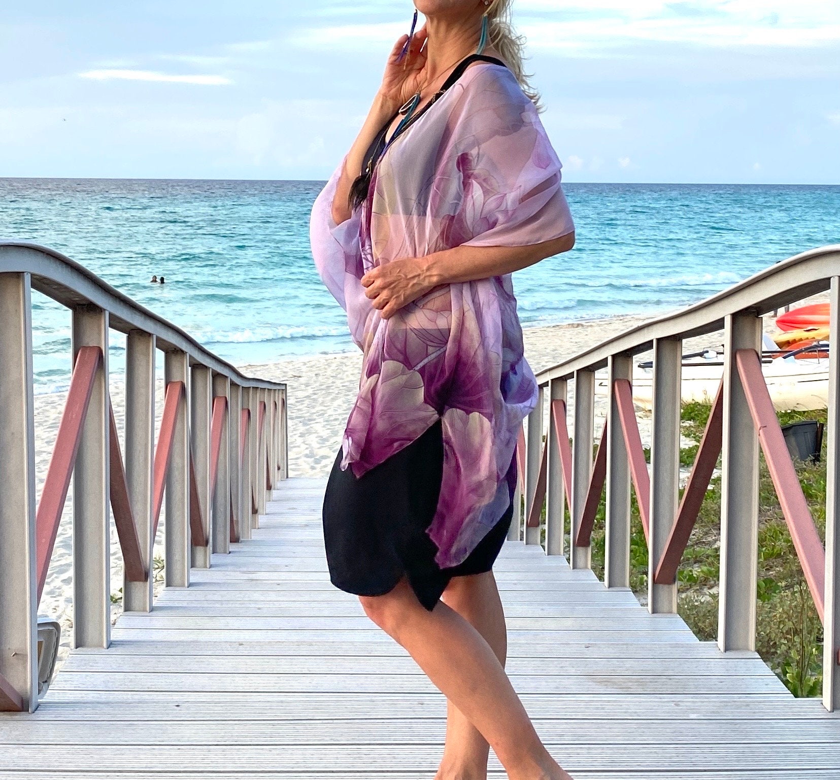 Bohemian Lotus Flower Print Lilac Moave Kimono, 6XL Plus Size Flowy ...