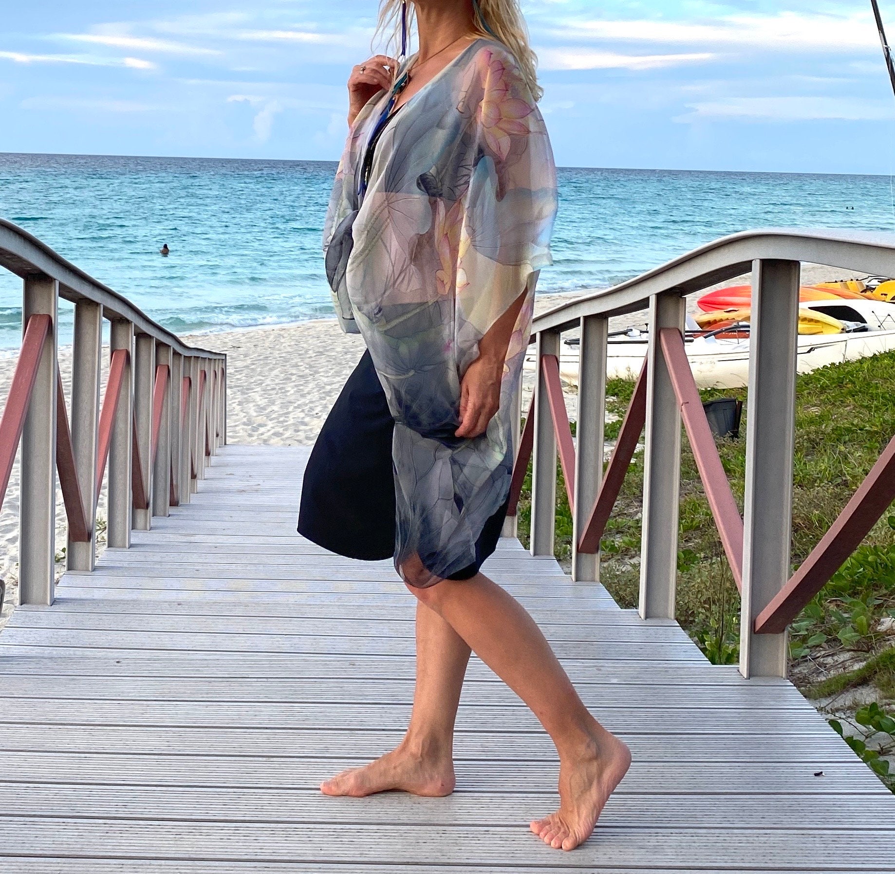 Bohemian Lotus Flower Print Silver Pink Kimono, 6XL Plus Size Botanical ...