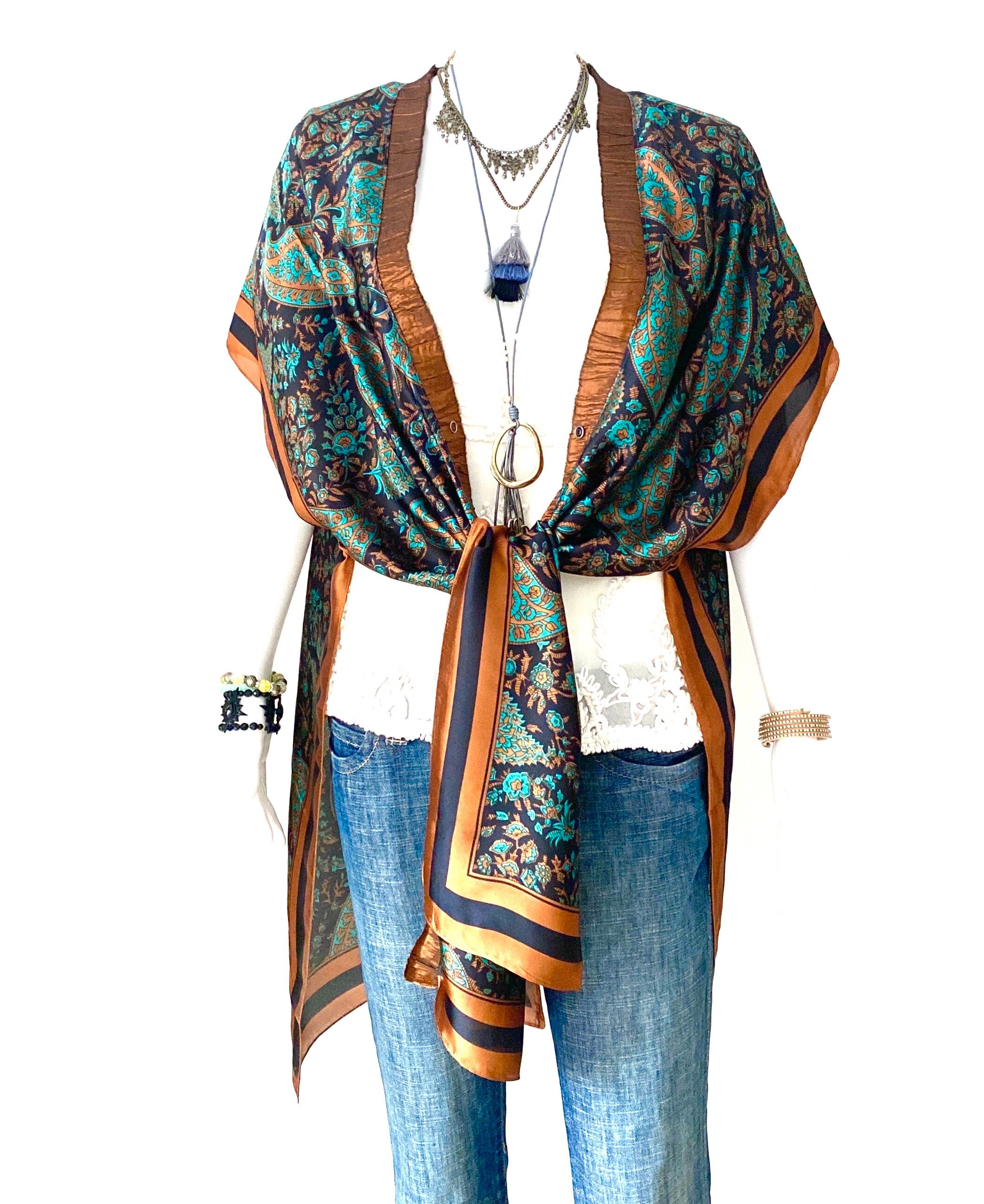 Bohemian Emerald Rust Rust Paisley Kimono With Button, Plus Size Summer ...