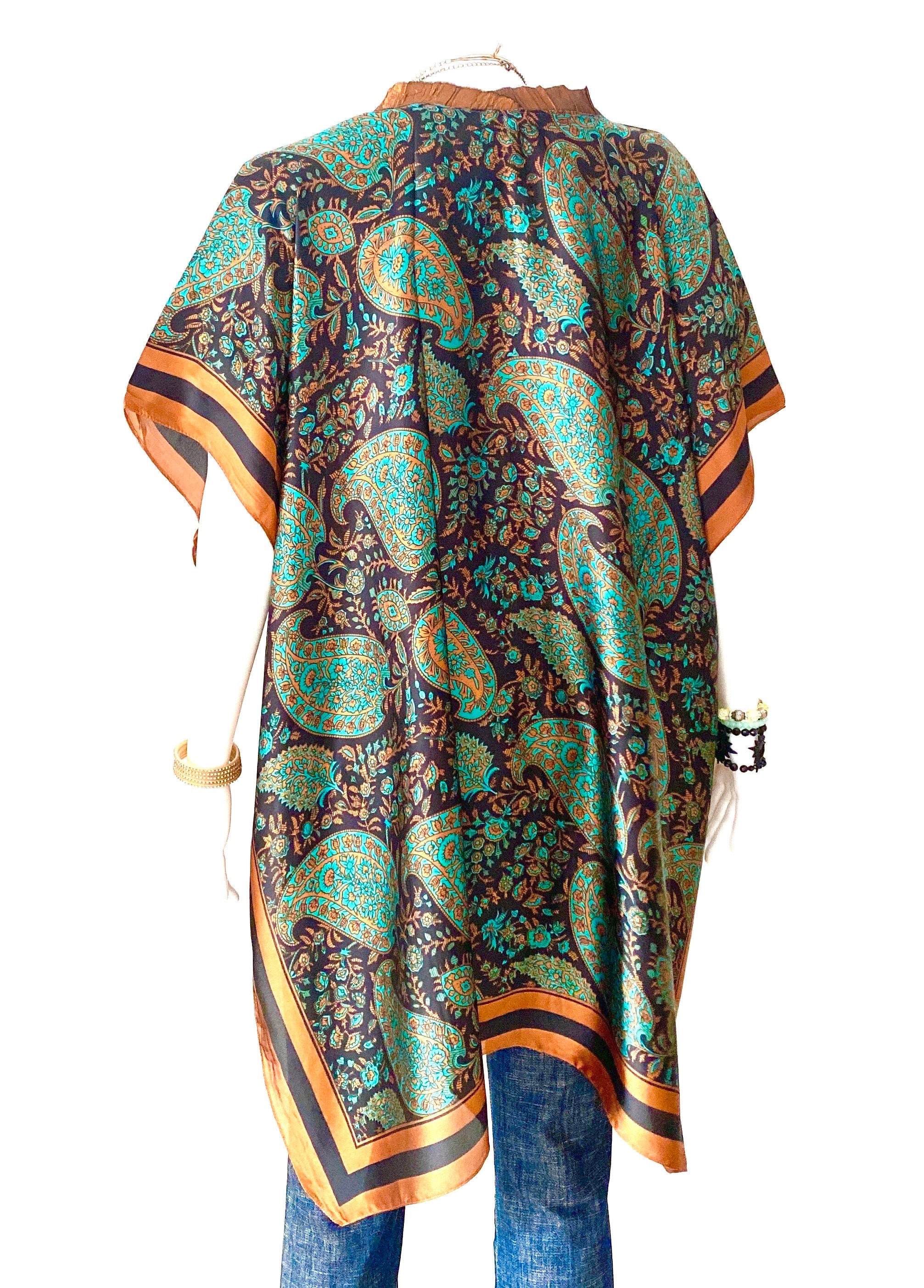 Bohemian Emerald Rust Rust Paisley Kimono With Button, Plus Size Summer ...