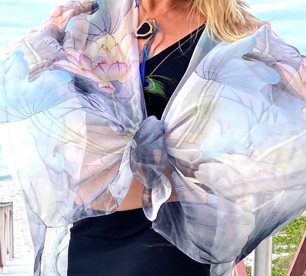 Bohemian Lotus Flower Print Silver Pink Kimono, 6XL Plus Size Botanical ...