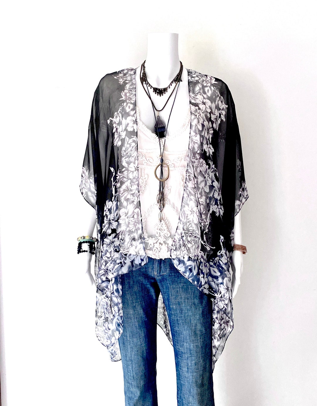 Sheer Cherry Blossom Black White Kimono Wrap, Light Chiffon Jacket ...