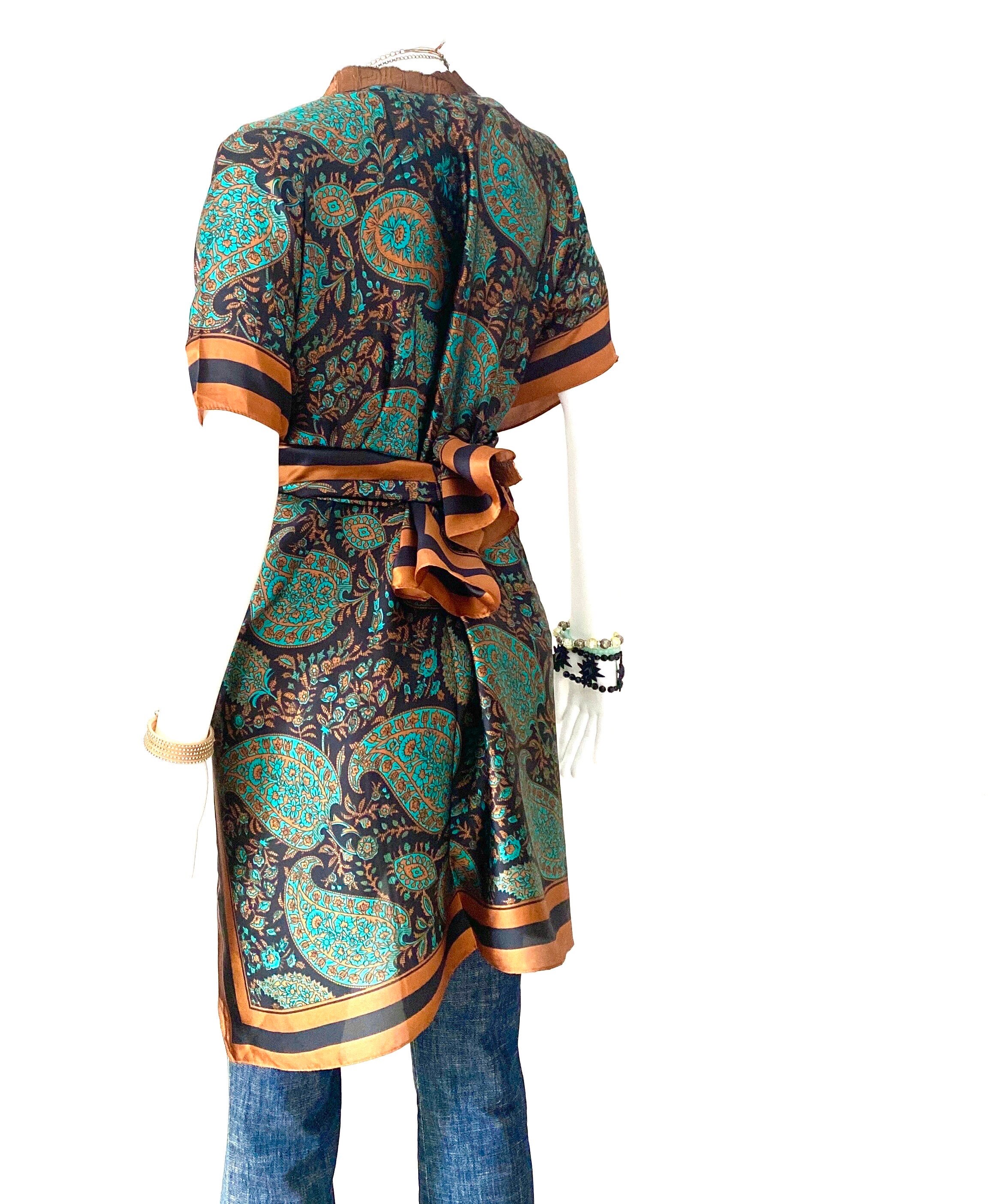 Bohemian Emerald Rust Rust Paisley Kimono With Button, Plus Size Summer ...