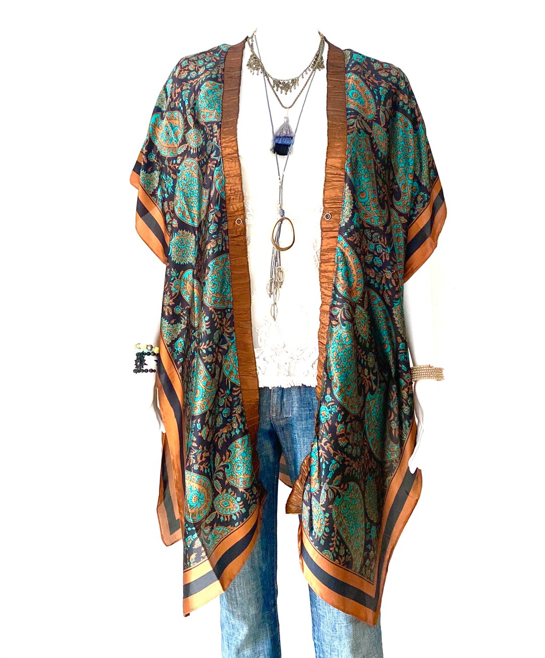Bohemian Emerald Rust Rust Paisley Kimono With Button, Plus Size Summer ...