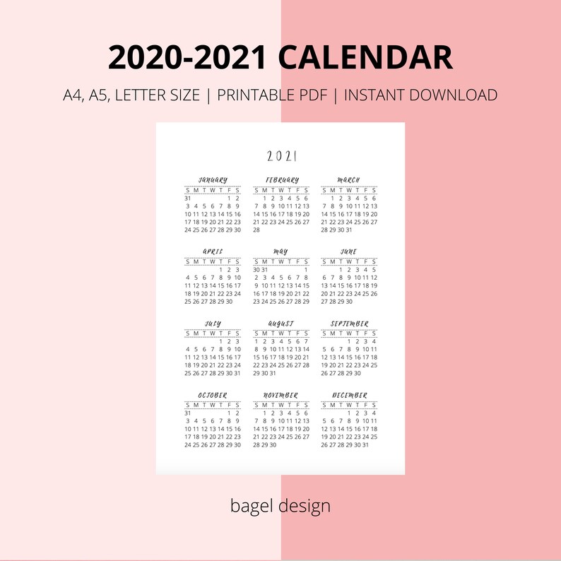 2020-2021 Calendar Printable, A4, A5, US Letter Size, Instant Download ...