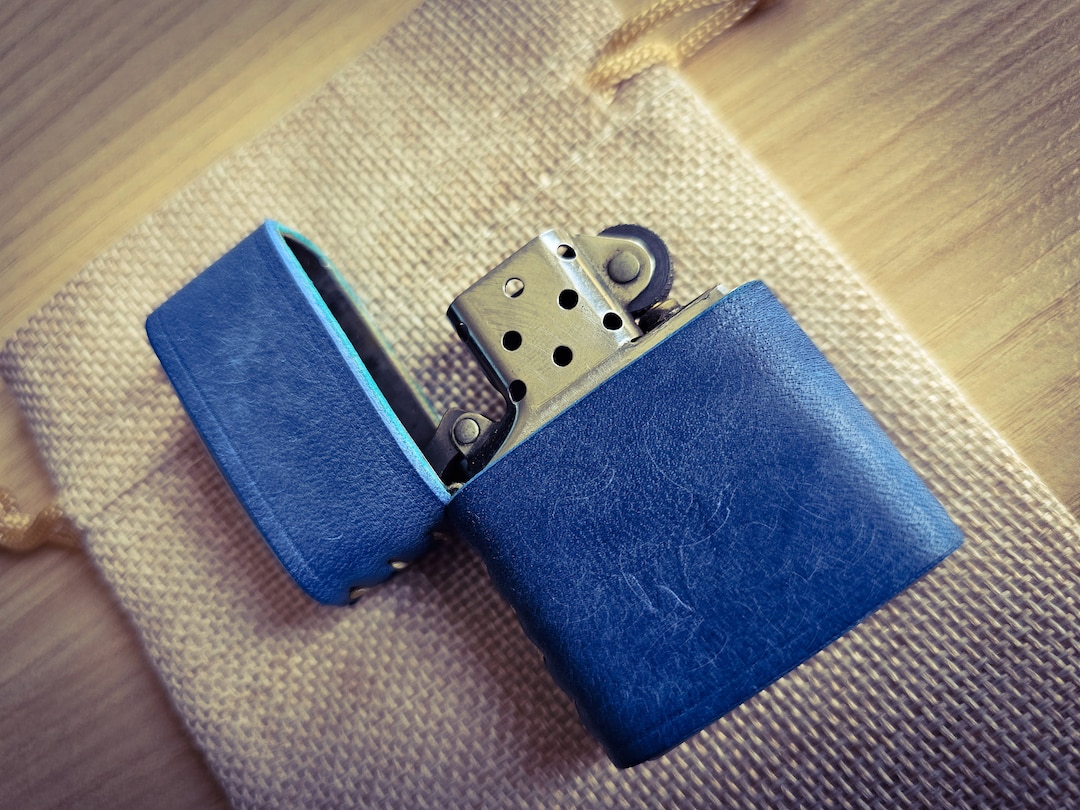 Blue Leather Zippo Lighter Case Pouch - Handmade Hand-stitched ...