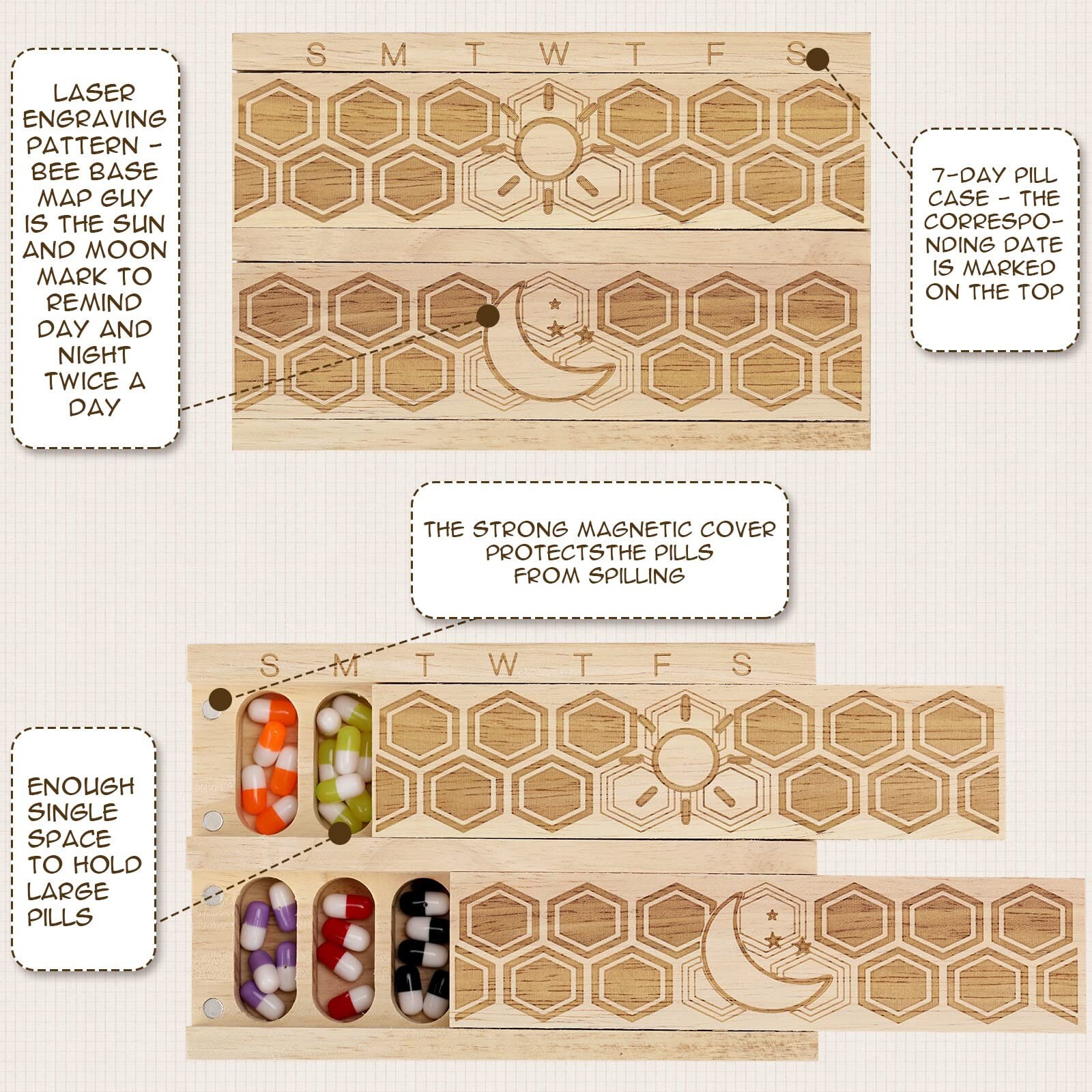 Wood 7 Day Weekly Pill Organizer Vitamin Dispenser Wooden - Etsy