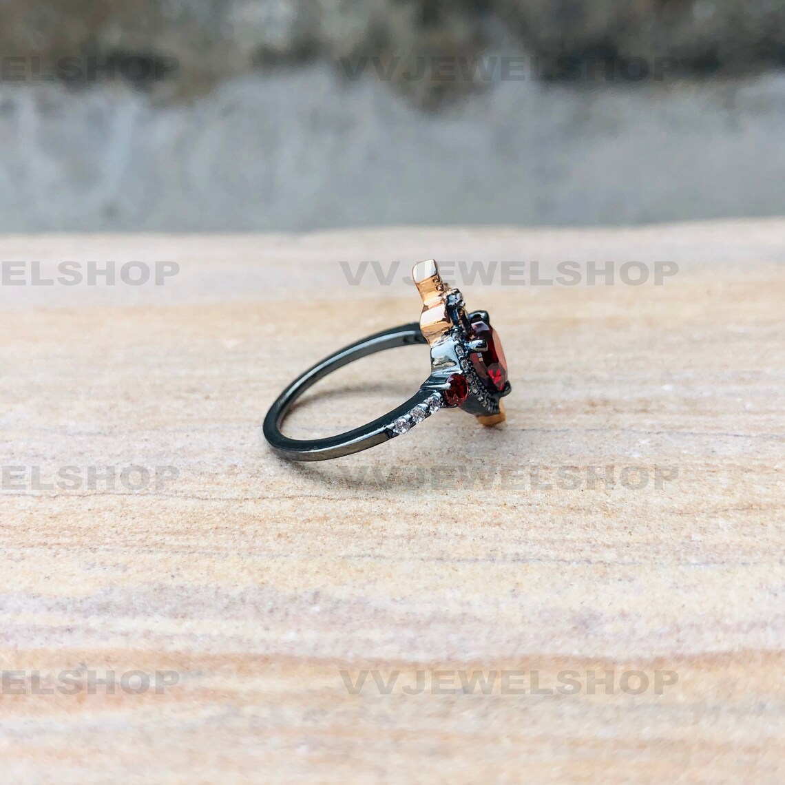 Red Heart Shape Diamond Ring, Gothic Engagement Wedding Ring, Black ...