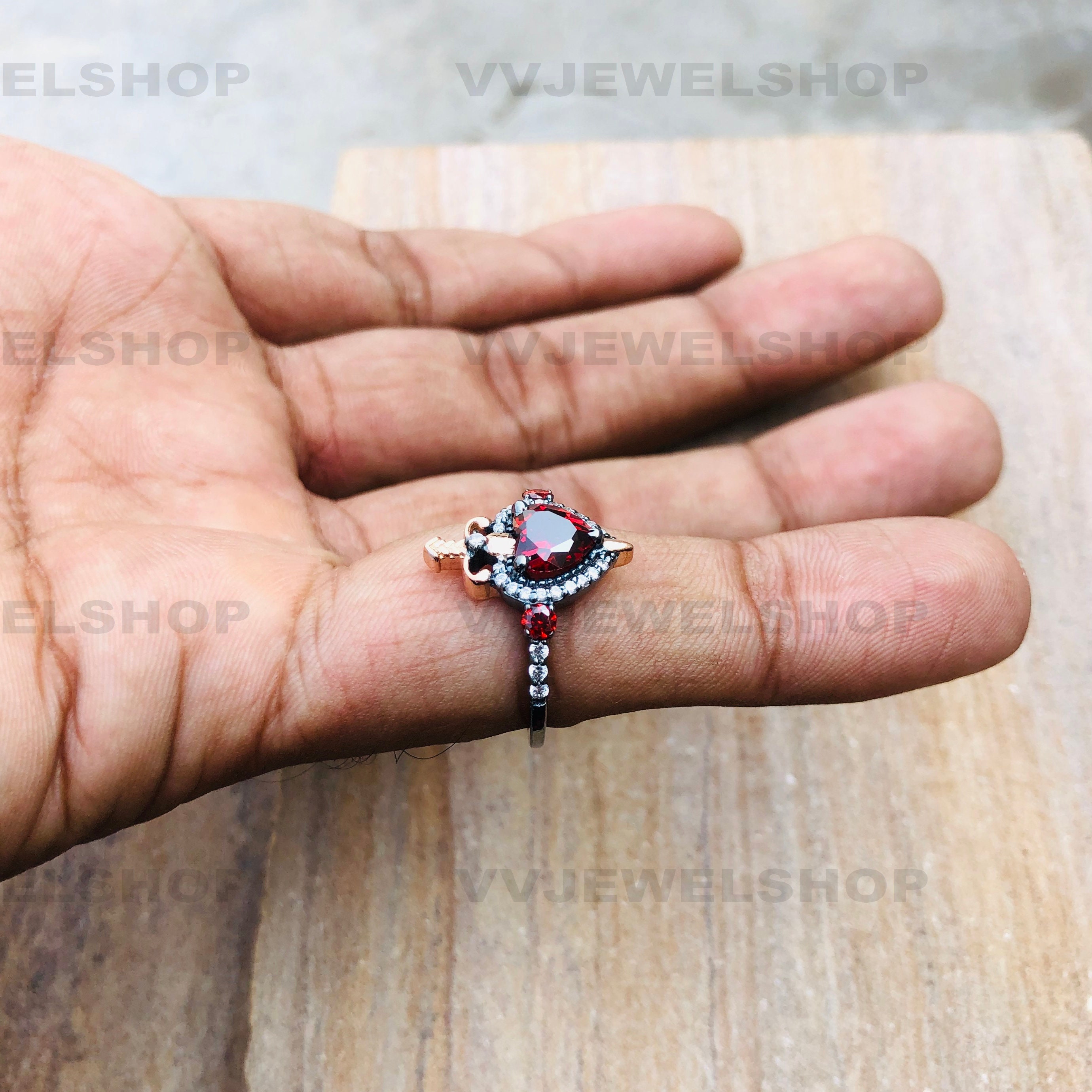 Red Heart Shape Diamond Ring, Gothic Engagement Wedding Ring, Black ...