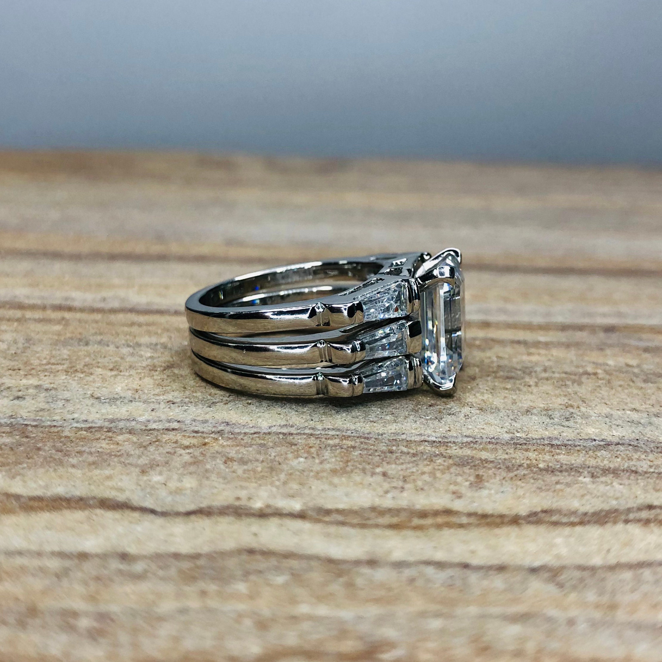 Emerald Cut Diamond Ring Set Three Stone Bridal Ring Set - Etsy