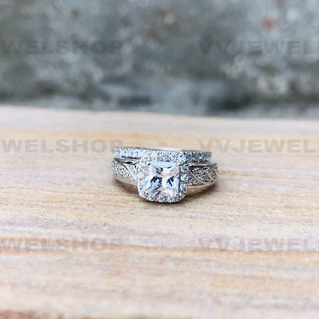 Princess Cut Wedding Ring Set, White Gold Ring Set, Anniversary Ring ...
