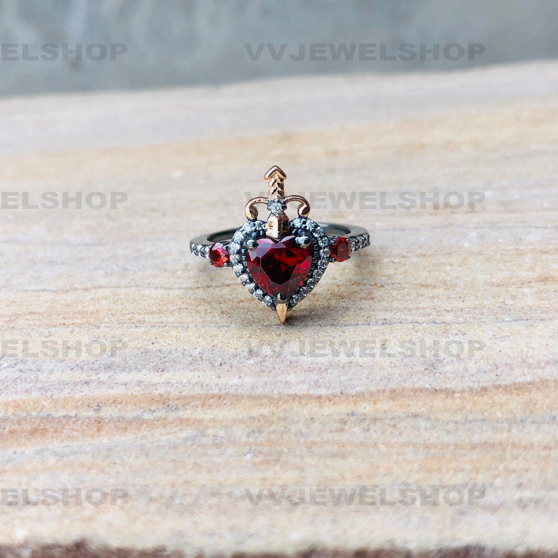Red Heart Shape Diamond Ring, Gothic Engagement Wedding Ring, Black ...