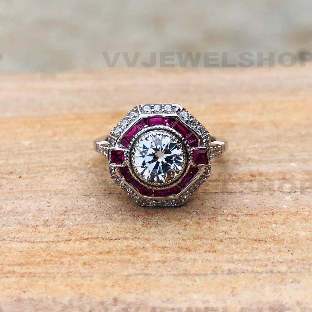 1890's Art Deco Old European Diamond & Ruby Nouveau Estate Ring, Late ...