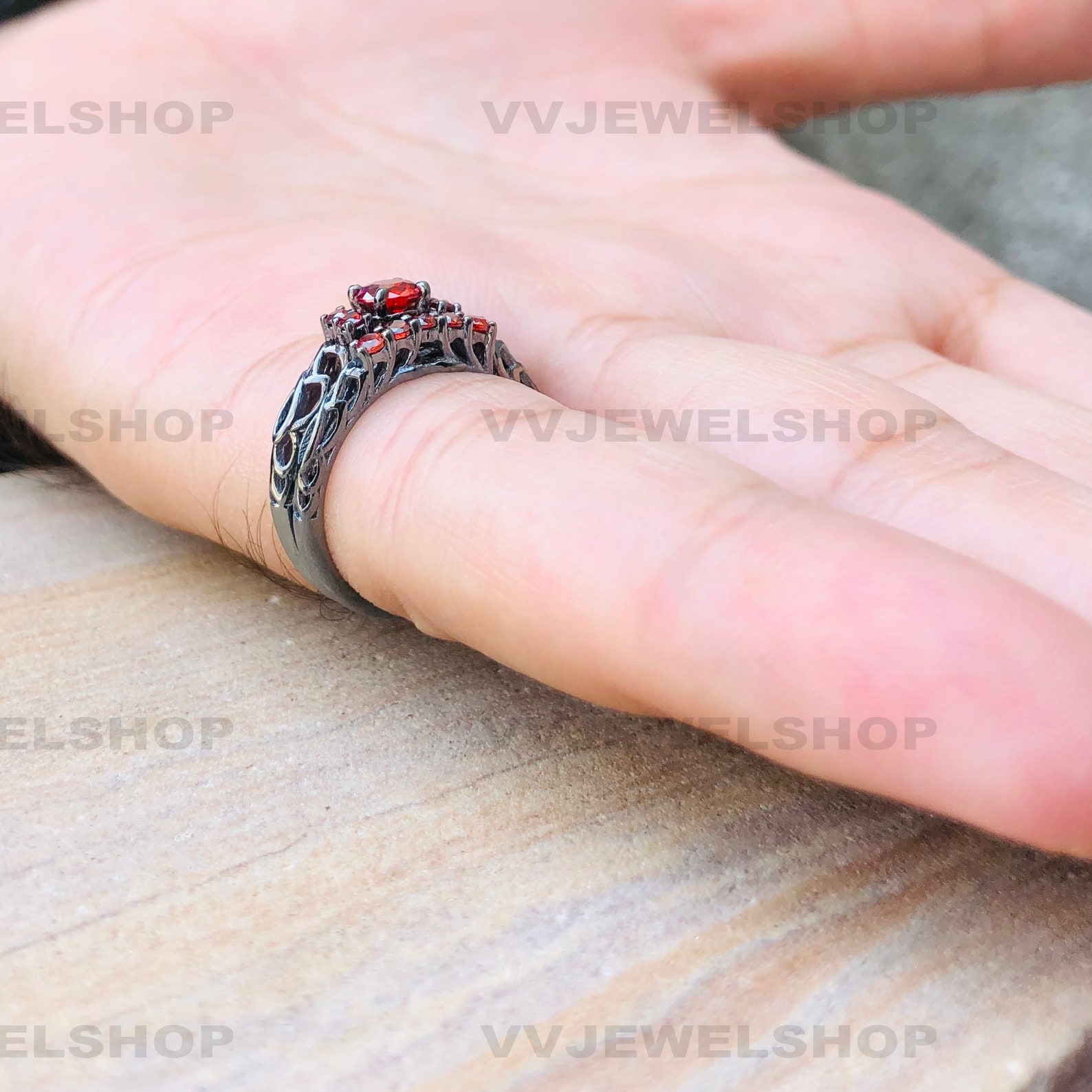 Hot Red Round Diamond Ring Set, Full Black Engagement Wedding Bridal ...