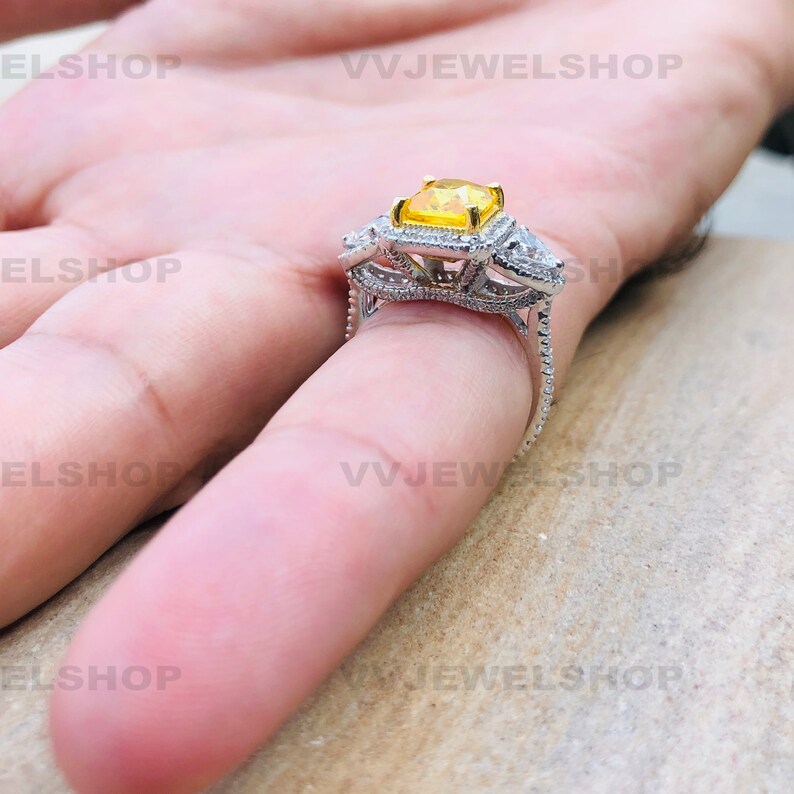 Yellow Gemstone Ring Three Stone Yellow and White Diamond - Etsy