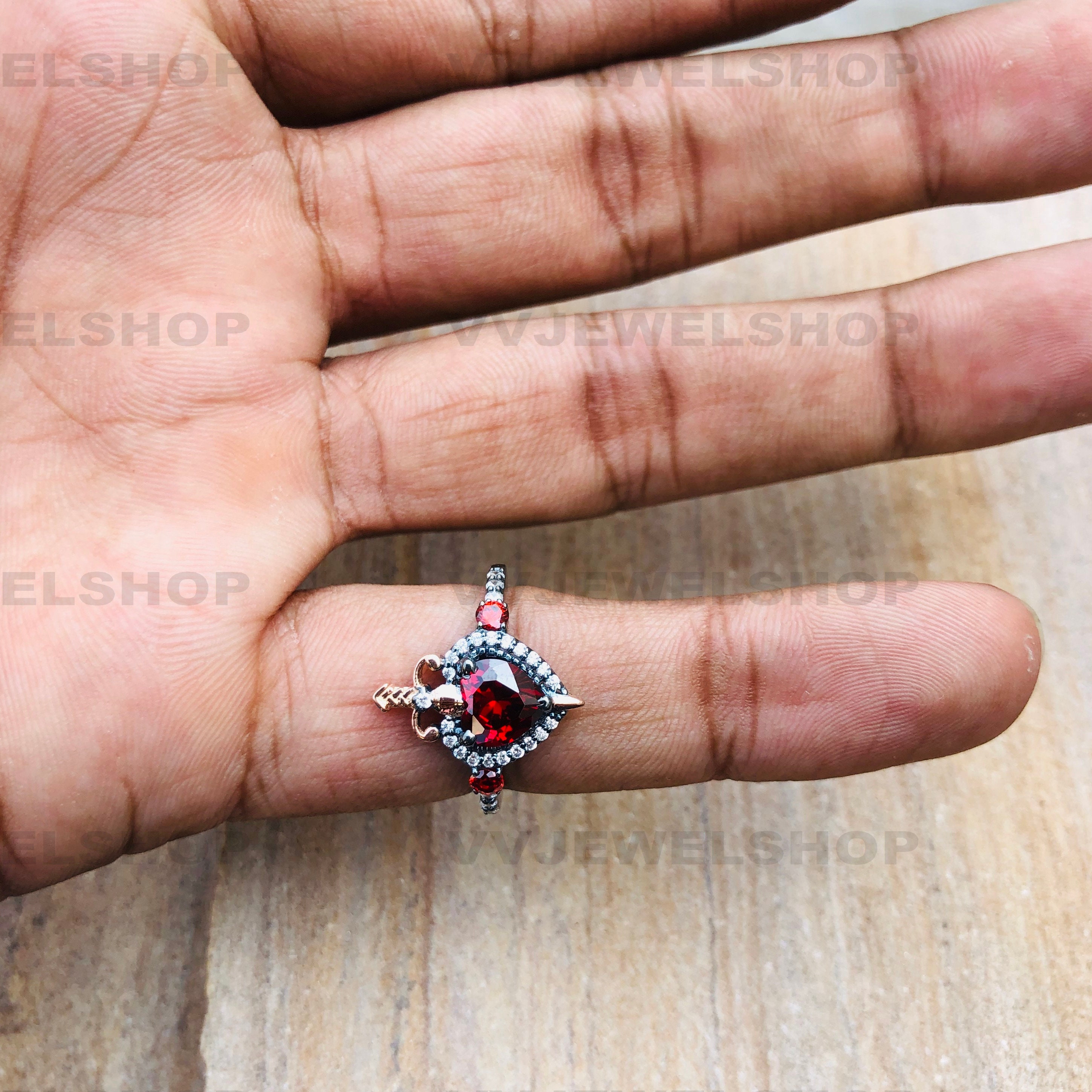 Red Heart Shape Diamond Ring, Gothic Engagement Wedding Ring, Black ...