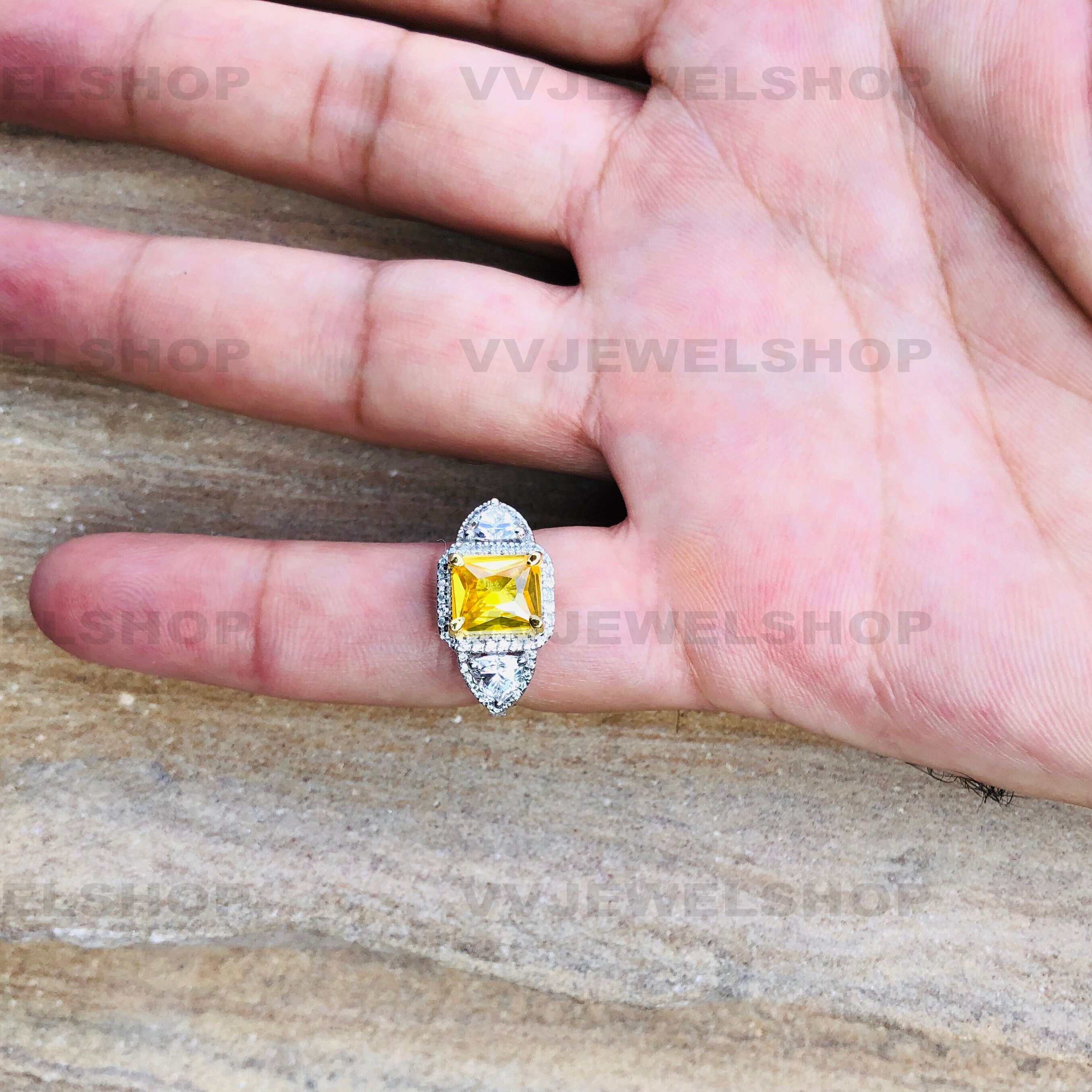 Yellow Gemstone Ring Three Stone Yellow and White Diamond - Etsy