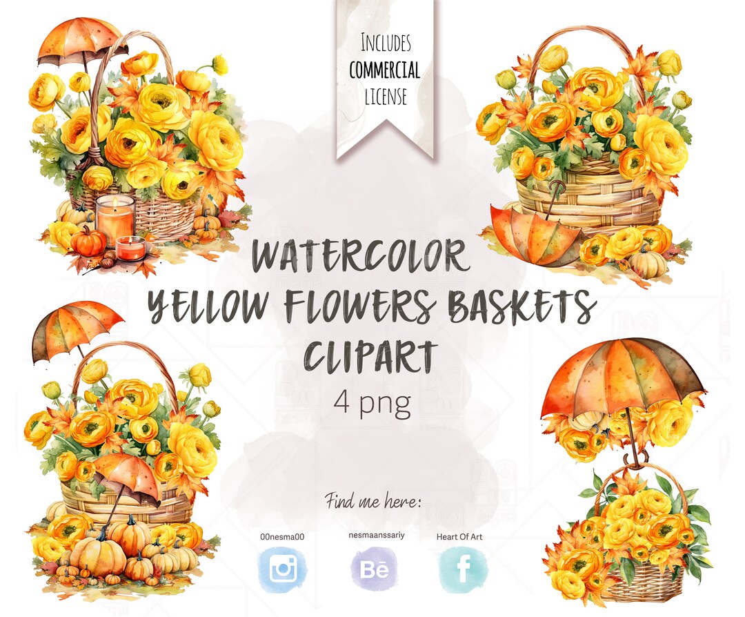 Watercolor Flower Basket Clipart: Cozy Spring Picnic Illustration With ...