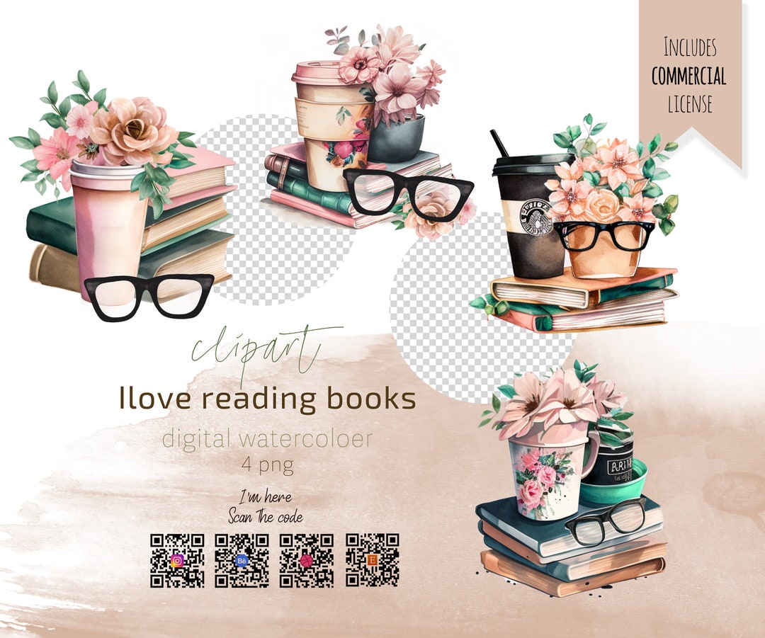 Coffee and Books Sticker Png Clipart, Cottage Watercolor Bookish ...