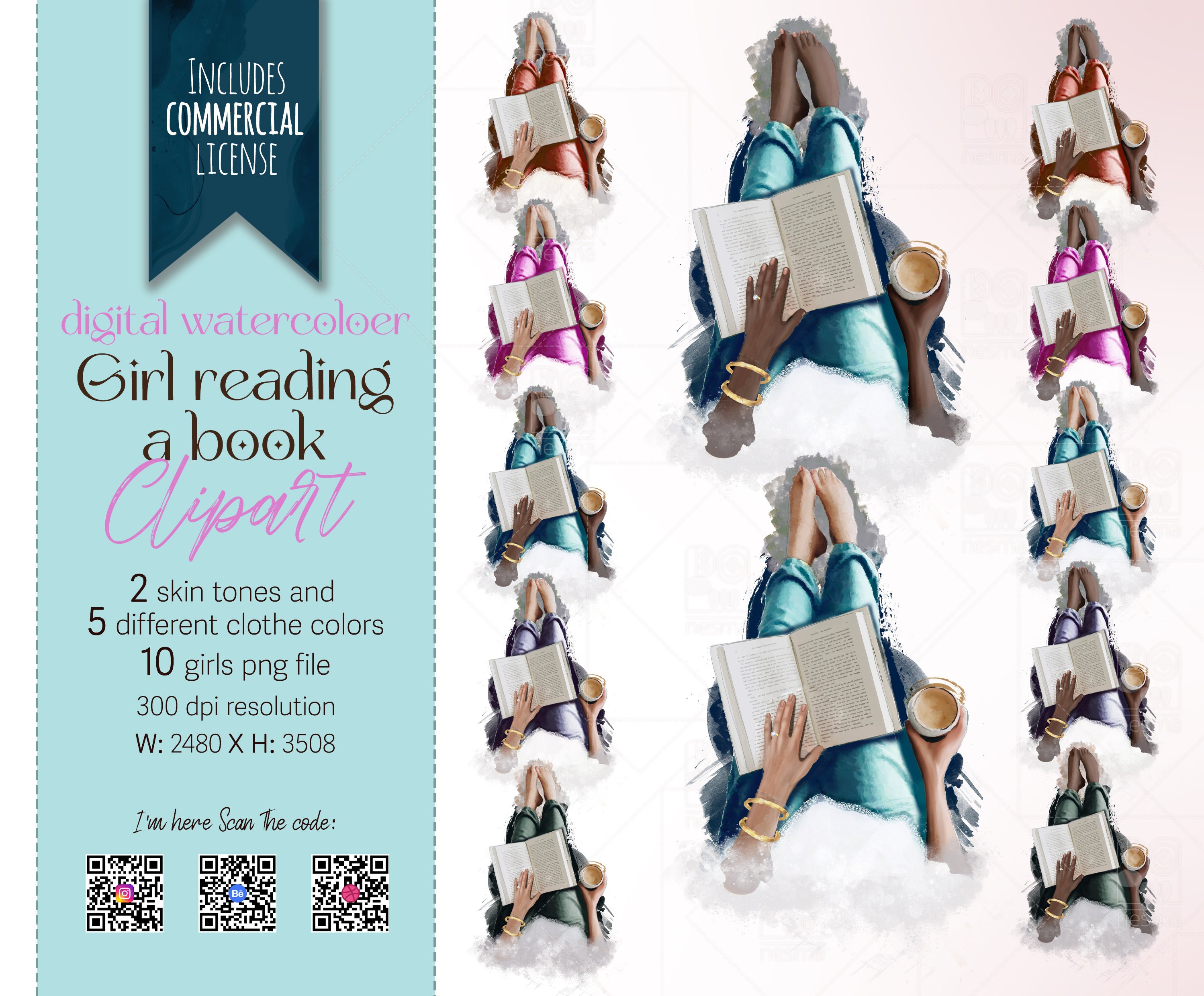 Coffee-reading Girl Clipart: Digital Illustration for Book Lovers ...